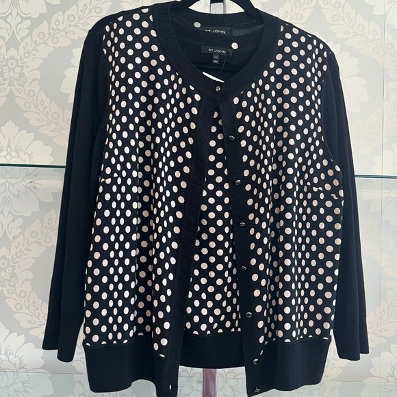 St. John | Sweaters | St John Black White Polka Dot Silk Front Cardigan ...
